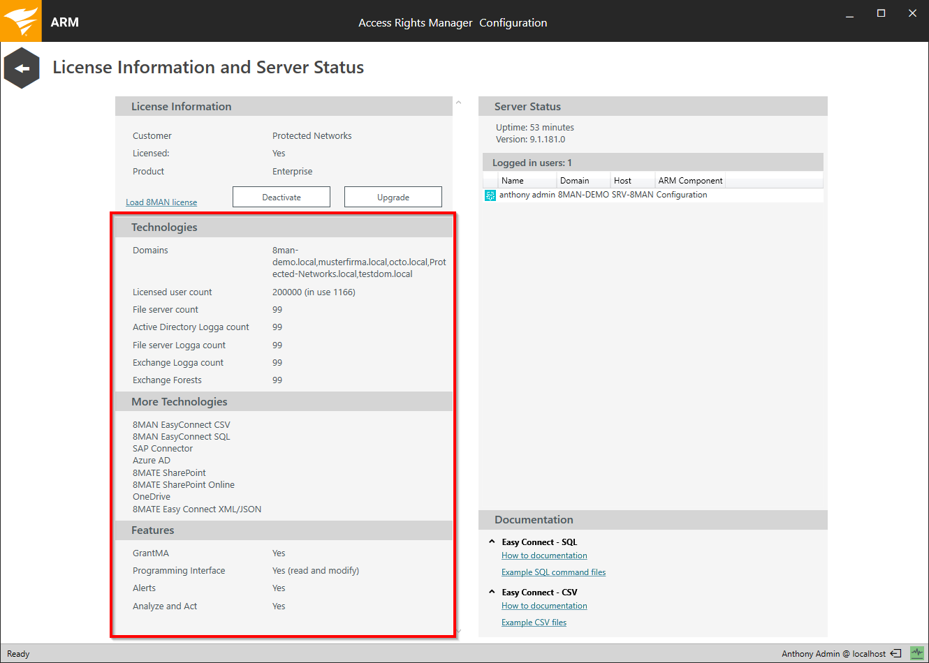 Load the license file and check covered features