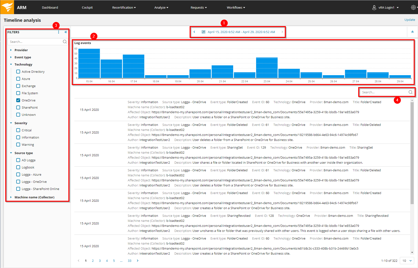 Graphical timeline analysis of events in the web client