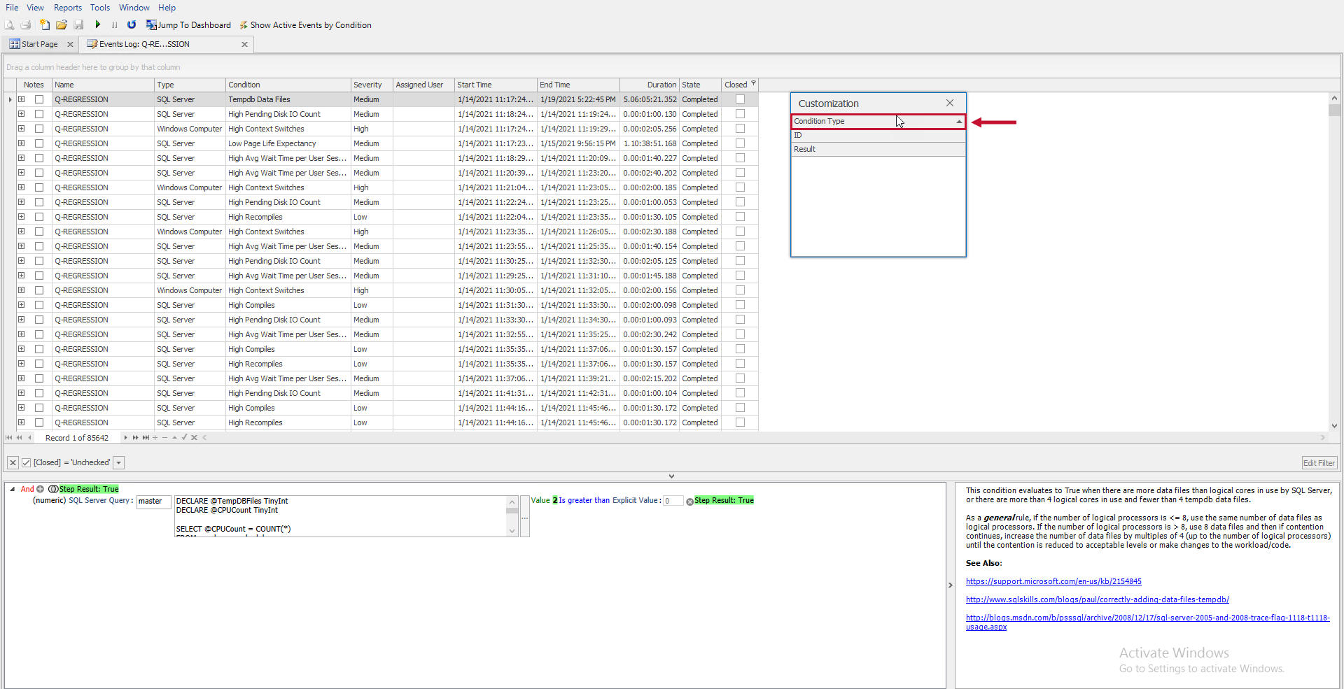 SQL Sentry Condition Events Log