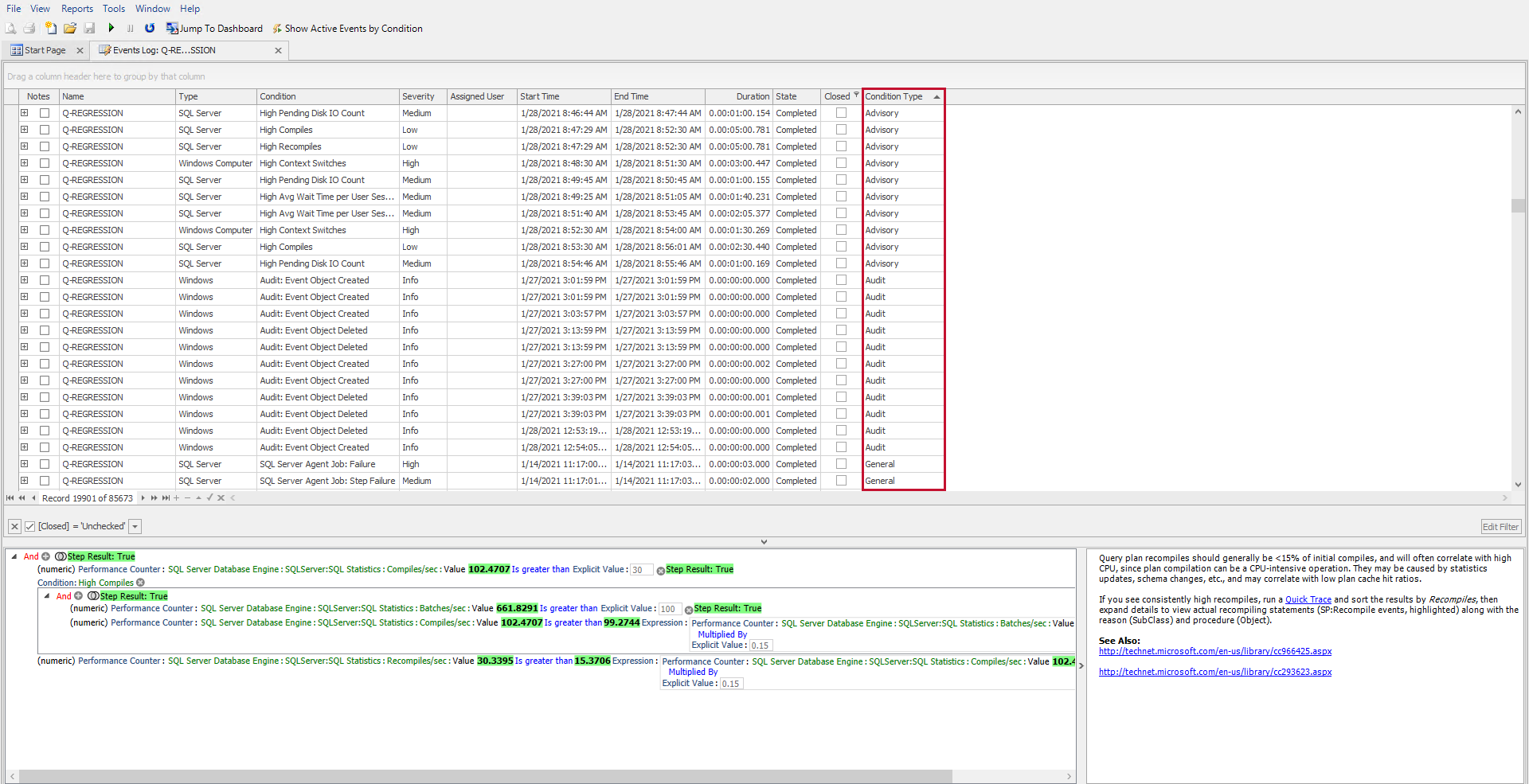 SQL Sentry Condition Events Log